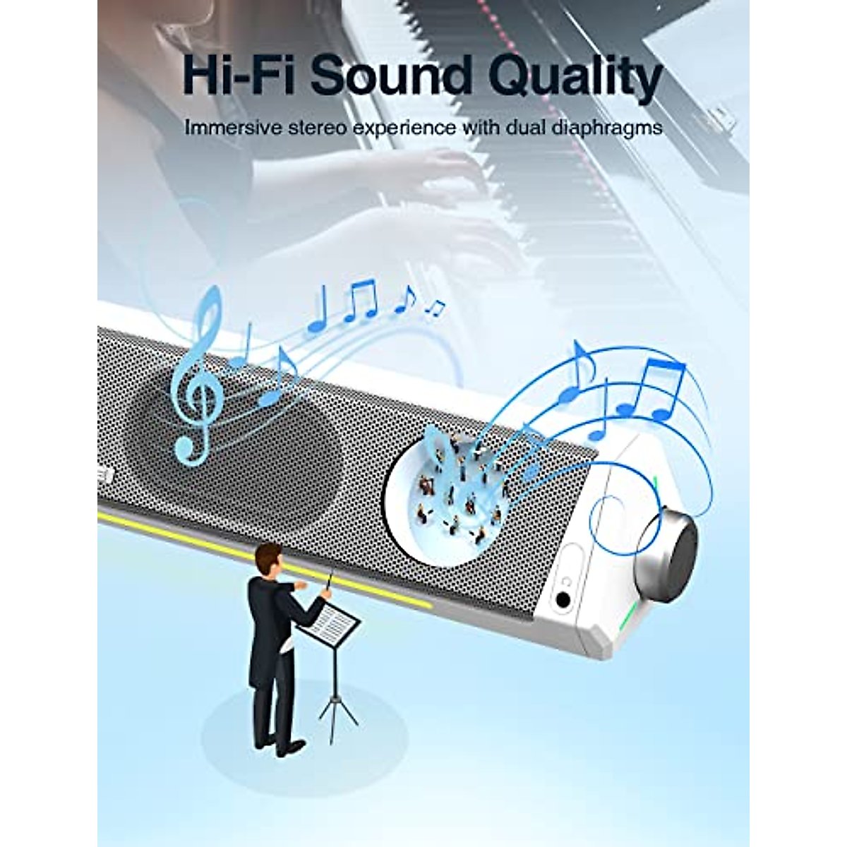 Computer Speakers, Bluetooth Computer Soundbar, HiFi Stereo, 3.5mm Aux-in Connection, USB Powered Computer Speakers for Desktop Monitor, PC, Laptop, Tablets