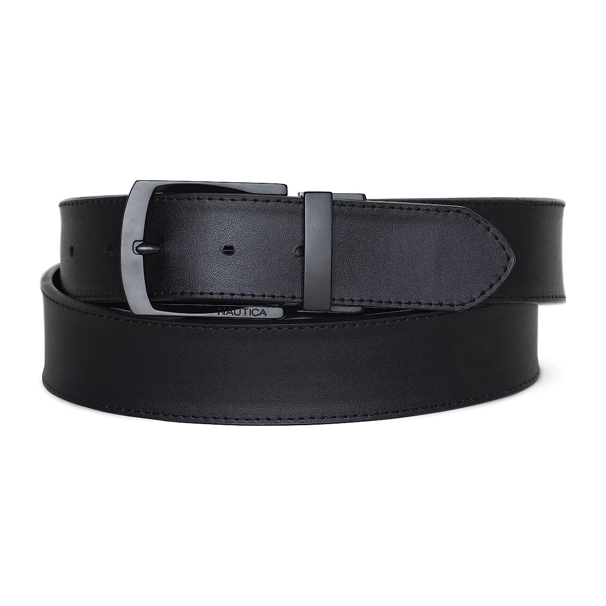Nautica Men Reversible Casual and Dress Belts with Metal Buckle, Signature Logo-Black Ribbon/Leather, 34"