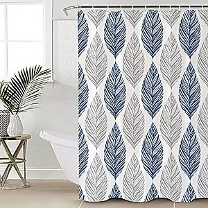 4 Pcs Shower Curtain Set with 12 Hooks Grey and Navy Blue Olive Leaf Texture Watercolor Hand Drawn Bathroom Sets with Non-Slip Bath Mat Toilet Lid Cover Waterproof Durable Shower Curtain and Rugs