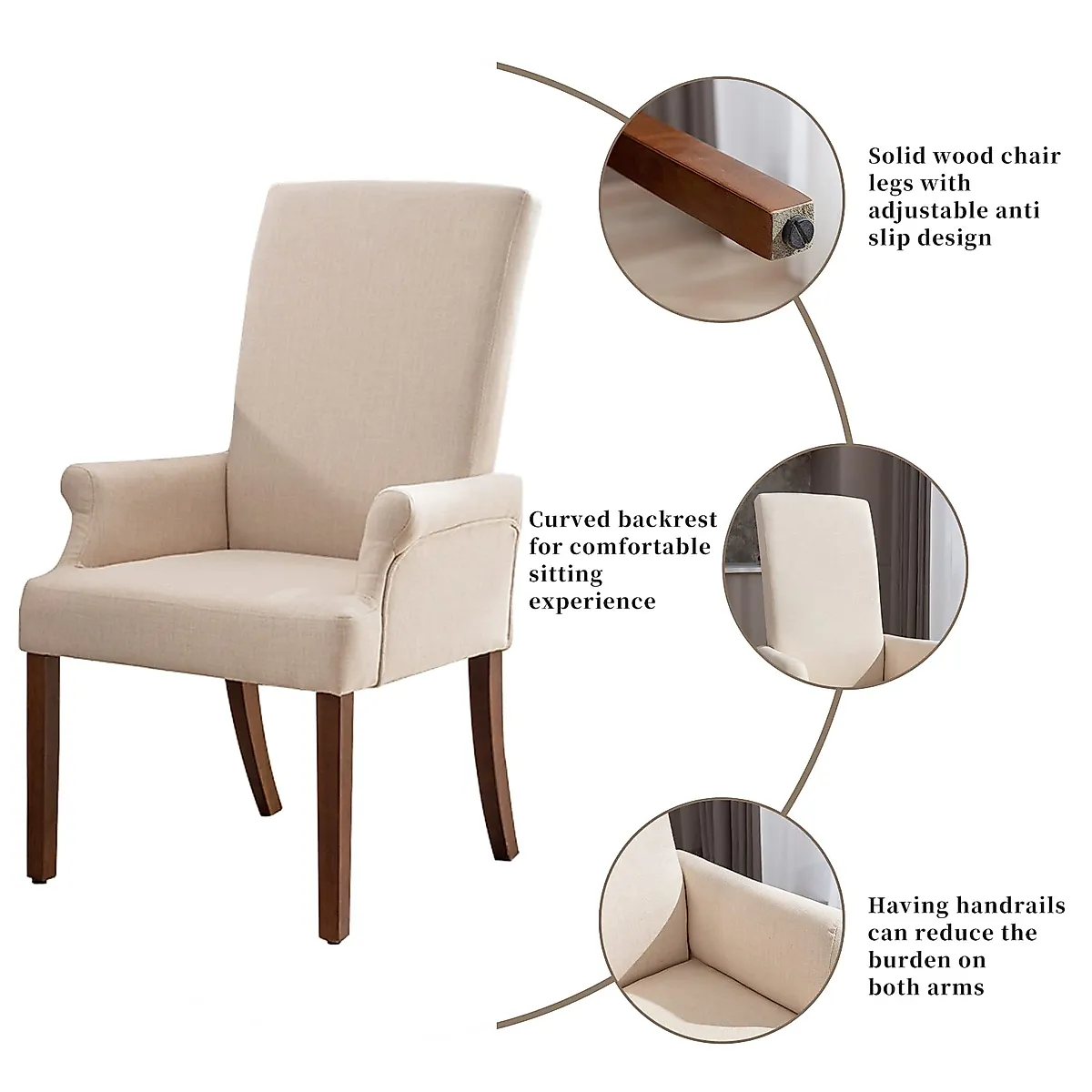 Restworld Dining Room Chairs with Arms,Tufted Upholstered High Back Nailed Trim with Untique Oak Wood Legs for Kitchen Restaurant Room Bedroom (Ivory, SingleA)
