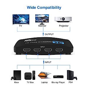 HDMI Switch 4K 60hz, 5 Port HDMI Switcher with Remote, Koopman HDMI Splitter 5 in 1 out Supports HDMI 2.0 HDCP 2.2 HDR10 3D, HDMI Selector Hub Compatible with FireStick, Roku, PS4, Xbox, Apple TV