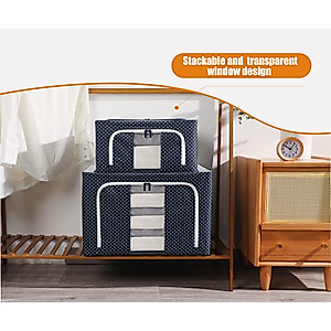 Furnhome Clothes Storage Organizer Bins, Foldable Storage Bins-Oxford Cloth Steel Frame Storage Box for Clothing Storage with Foldable Clear Window & Reinforced Handles (Navy Dots, 22L, 3PCS)…