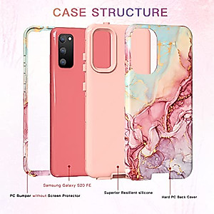 Btscase for Galaxy S20 FE 5G Case, Marble Pattern 3 in 1 Heavy Duty Shockproof Full Body Rugged Hard PC+Soft Silicone Drop Protective Women Girl Covers for Samsung Galaxy S20 FE, Rose Gold