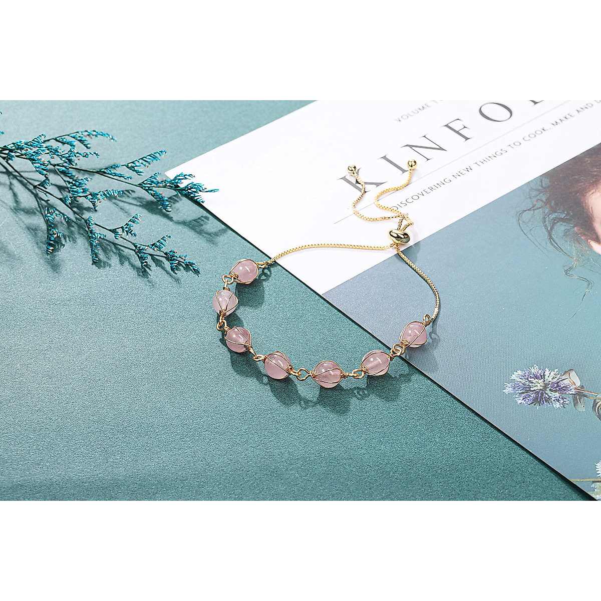 MANIFO Natural Rose Quartz Crystals Bracelet 14K Gold Reiki Healing Crystal Gemstone Adjustable Link Bracelets for Yoga Meditation