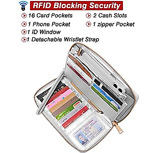 YZAOLL Women's Wallet RFID Blocking PU Leather Large Capacity Zip Around Credit Card Holder Cell Phone Checkbook Storage Bag Zipper Coin Purse,lightsilver