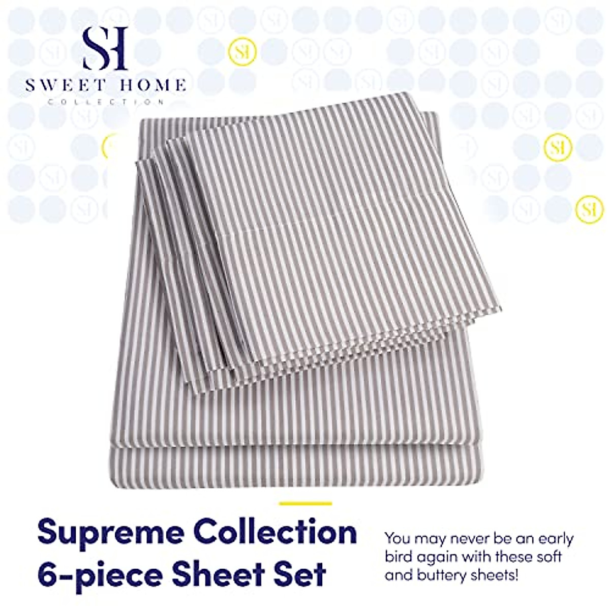 Queen Sheets Stripe Grey - 6 Piece 1500 Supreme Collection Fine Brushed Microfiber Deep Pocket Queen Sheet Set Bedding - 2 Extra Pillow Cases, Great Value, Queen, Classic Stripe Gray