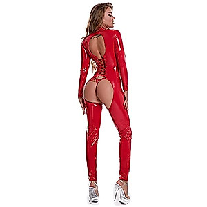 ACSUSS Women Sexy Hollow Out Latex Catsuit PVC Exotic Costume Lingerie Full Bodysuit Clubwear Overalls 2# Red 3X-Large