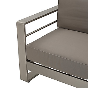 Patio Furniture ~ 5 Piece Light Gray Outdoor Patio Chair and Sofa Set with Propane (Gas) Fire Table (Pit) and Khaki Cushions