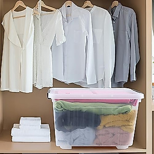 Sadstory 30 Quart Plastic Latch Storage Bin with Lid, Clear Latching Tote with Wheels, 4 Packs