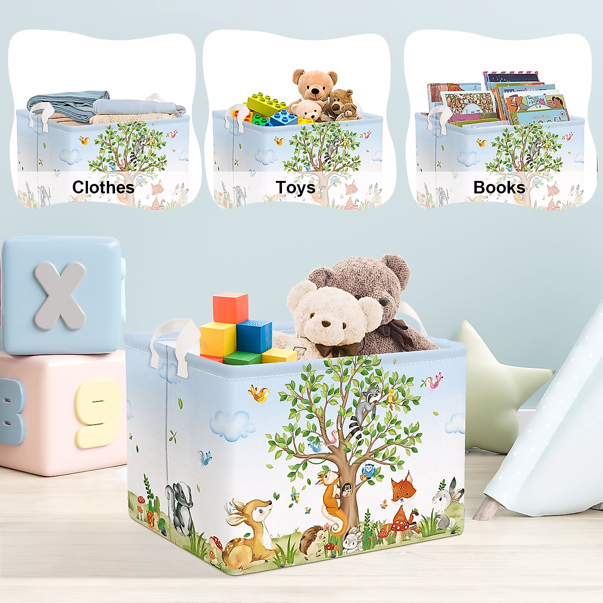 Clastyle Forest Life Tree Baskets Rectangular, Kids Basket,Waterproof Foldable Canvas Laundry Basket,Nursery Hamper,Room Decor,Shelf Basket(Animal)