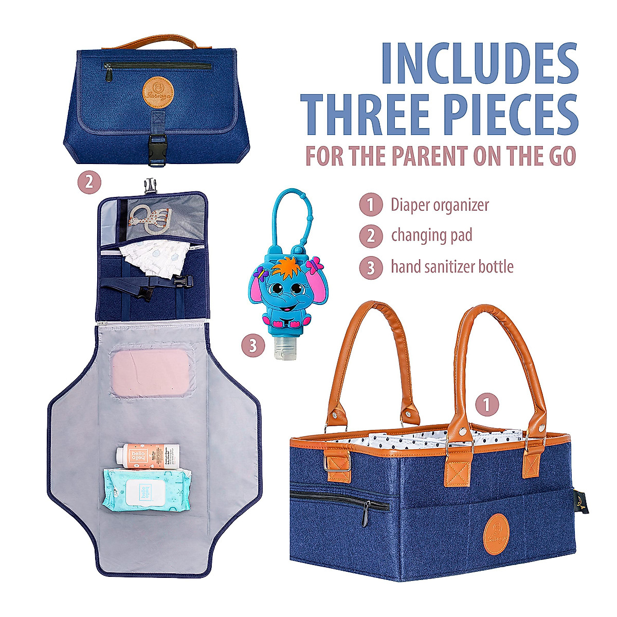 Baby Diaper Caddy Organizer Tote with Portable Baby Changing Pad Bag and Mini Elephant Hand Sanitizer Holder Perfect for Nursery Changing Table Baby Shower or Moving Room to Room (Large, Baby Blue)