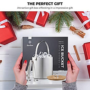 Double- Wall Stainless Steel Insulated Ice Bucket With Lid and Ice Tong - [3 Liter] Modern Bamboo Lid With Built-In Tongs- Comfortable Carry Handle- Great for Home Bar, Chilling Beer Champagne