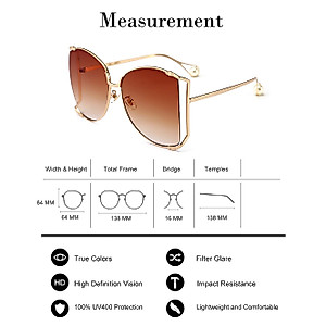Armear Women Oversized Semi Rimless Sunglasses Retro Gold Metal Frame Brown Lens Fashion Pearl Design 64mm