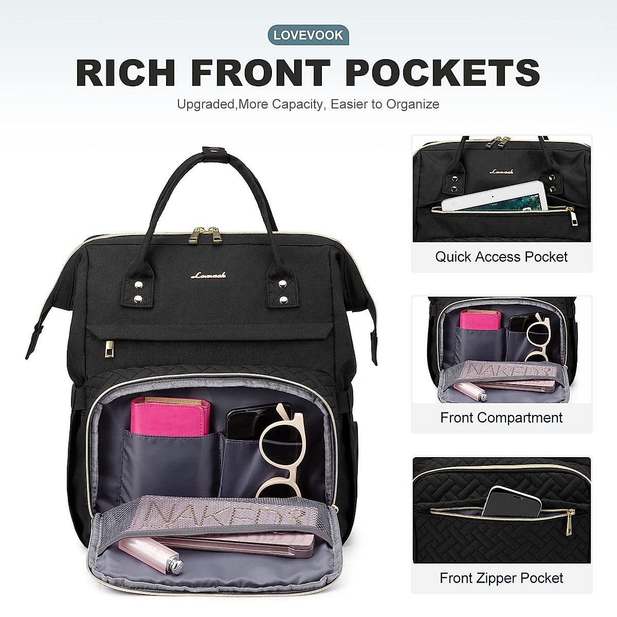 LOVEVOOK Laptop Backpack for Women, Quilted Fashion Business Computer Backpacks Travel Bags Purse Doctor Nurse Work Backpack with USB Port Fits 15.6-Inch Laptop, Black