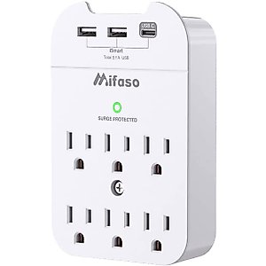 Outlet Extender - Wall Surge Protector with 6 Outlets 3 USB (1 USB C, 2 USB A), Multi Plug Outlet Splitter, Wall Mount Adapter with Top Phone Holder for Home, School, Office (490 Joules)