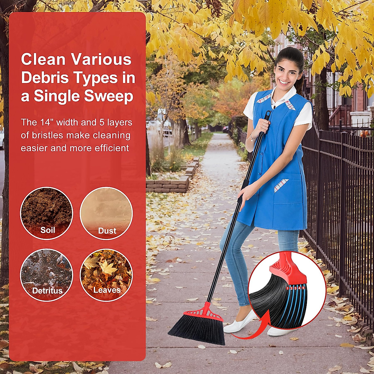 Tiumso Heavy Duty Broom, Outdoor Brooms, Commercial Broom for Sweeping Indoor, Kitchen Broom with 55" Long Handle, Angle Brooms for Patio Kitchen Shop Sidewalk - Black and Red