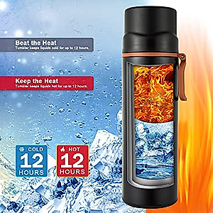 Insulated Water Bottle-Stainless Steel Vacuum Coffee Cup with Handle,Flask Double Walled Sport Travel Mug with Leakproof Lid,Keep Hot & Cold 12 Hours BPA Free 15oz(Black)