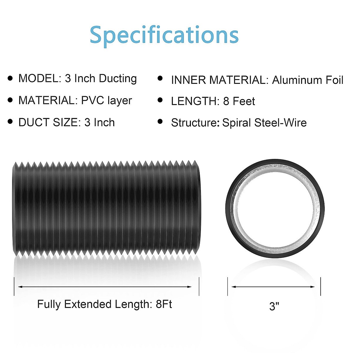 Hon&Guan 3" x 8FT Insulated Duct with Aluminum Foil, Flexible Dryer Vent Hose for HVAC Ventilation and Duct Fan Systems, 2 Clamps Include