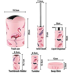 JOTOM 6 Pieces Bathroom Accessories Set,Plastic Bathroom Accessories Toothbrush Holder,Cup,Soap Dish,Hand Sanitizer Bottle,Trash Can,Toilet Brush (Flamingo)