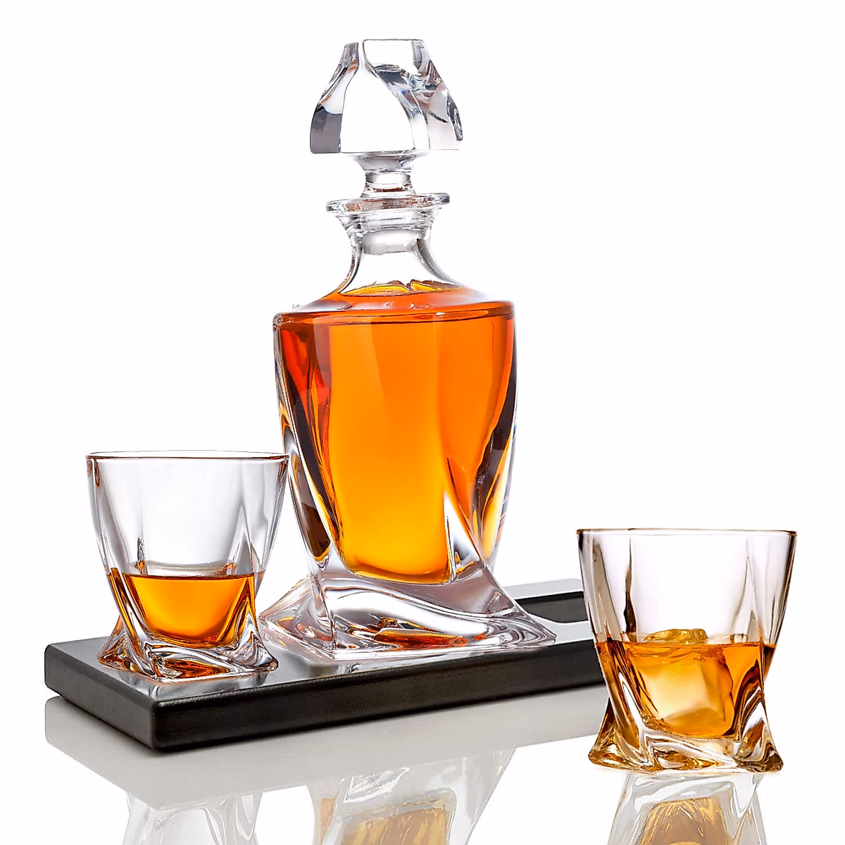 Bezrat Whiskey Glasses and Liquor Decanter set | (2) Crystal Bourbon Glasses with Matching Whiskey Decanter on beautiful wood tray | Glass Has a Sleek Square Twisted Bottom for Easy Handling