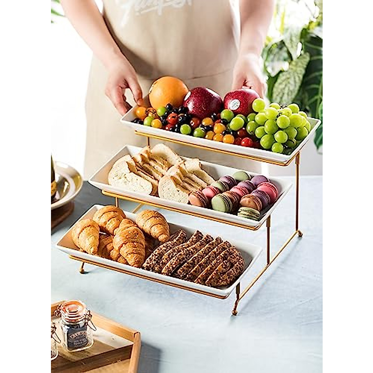 LYEOBOH 3 Tier Serving Stand and Platters Set Large Tiered with Collapsible Sturdier Rack 14 Inches Tray for Appetizer Fruit, Dessert Cupcake, White
