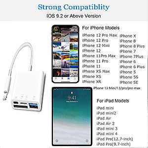 Lightning to SD Card Reader - 4 in 1 Memory Card Adapter for iPhone with USB Female OTG, Compatible with SD/TF Cards. Portable and Fast Charging.