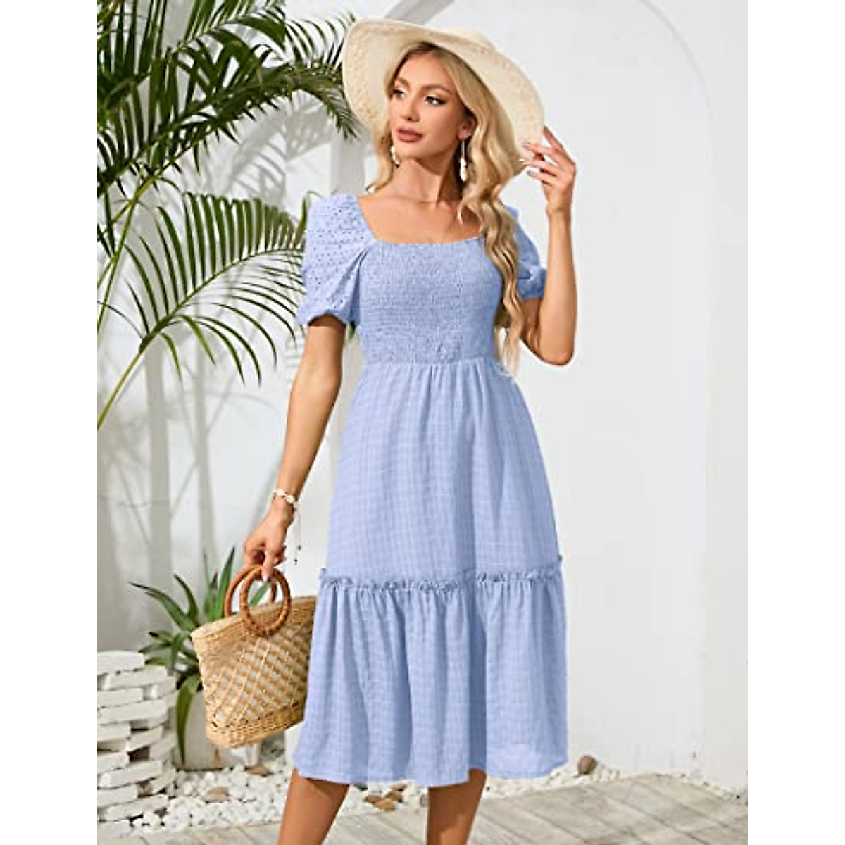 MURMUREY Womens Summer Puff Short Sleeve Boho Smocked Dress Square Neck Empire Waist A Line Layered Midi Dresses