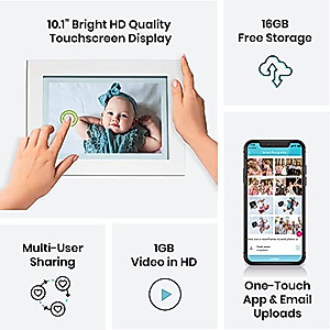 PhotoSpring 10in WiFi Digital Picture Frame, Family Can Send Photos from Anywhere via Email, App, or Web, Easy Touchscreen Setup, 1280x800 Display, Plays Videos, White
