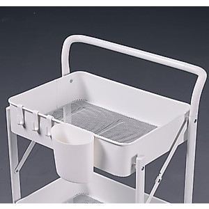 3 Tier Rolling Cart Foldable Storage Cart with Wheels No Assembly Request Kitchen Utility Organizer with Handing Cup, White