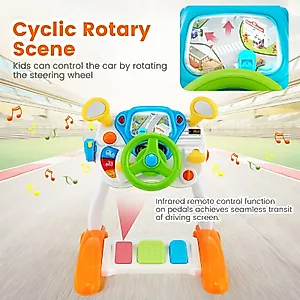HONEY JOY Steering Wheels Toys for Toddler Boys Girls, Pretend Play Learning Driver Toy Cars for Preschool Baby, Lights & Music, Interphone, Pedal, My First Driving Educational Musical Toy w/Stool