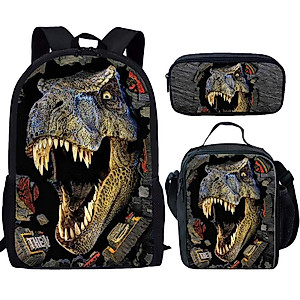 HUGS IDEA T-rex Dinosaur Backpack Teen Boys School Book bag with Lunch Box Pen Case 3 in 1