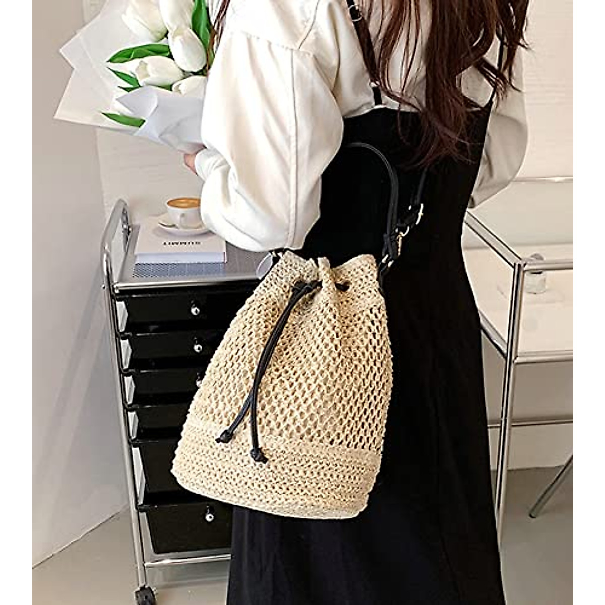 Obosoyo Women Straw Bucket Bags Drawstring Beach Bag Handwoven Crochet Tassel Purse Bohemian Shoulder Handbag