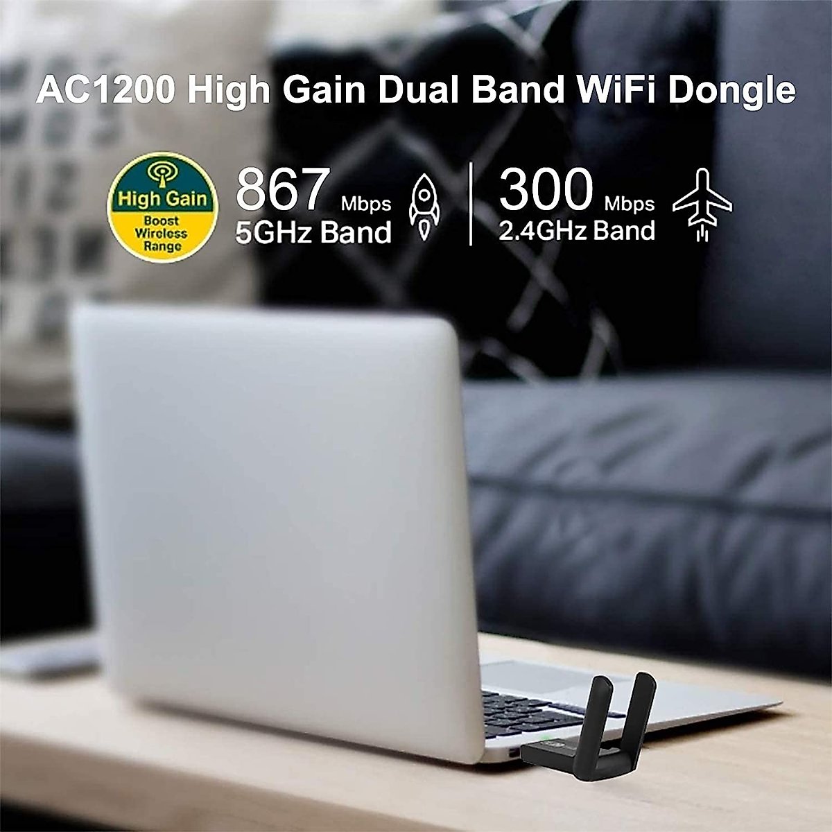WiFi Adapter, 1200Mbps Dual Band 5G/2.4G Wireless Network Adapter, USB 3.0 MU-MIMO WiFi Dongle with High Gain Antennas for Desktop PC, Supports Windows/Mac OS X