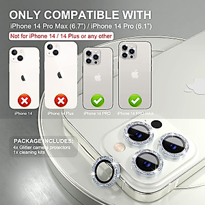 Choiche [3+1] for iPhone 14 Pro/iPhone 14 Pro Max Camera Lens Protector Bling, 9H Tempered Glass Camera Cover Screen Protector Metal Ring Decoration Accessories (Glitter-Silver)