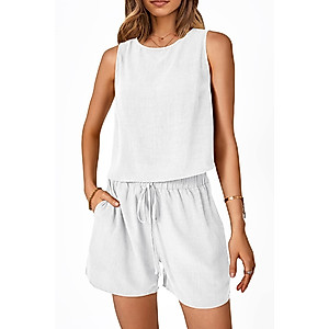 PRETTYGARDEN Women's 2024 Summer 2 Piece Outfits Casual Button Back Crop Tank Tops and High Waist Shorts Set (White,Medium)