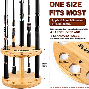 PLUSINNO V12 Fishing Rod Holders for Garage, Vertical Fishing Pole Holders Wooden Round Floor Stand, Fishing Rod Rack Holds up to 12 Rods or Fishing Nets Storage Organizer Racks, Fishing Gifts for Men