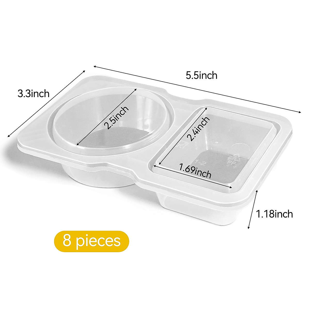Nufiwra 8Pcs Double Compartment Condiment Containers with Lids, Reusable Plastic Snack Containers for To-Go Sauces, Sampling, Travel Snacks, Disposable 2-Compartment Snack Cups