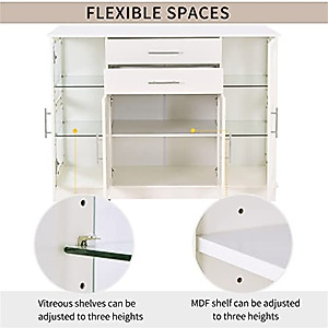 SEASD Functional Sideboard with Tempered Glass Large Storage Space Adjustable Shelf Buffet (White/Black)
