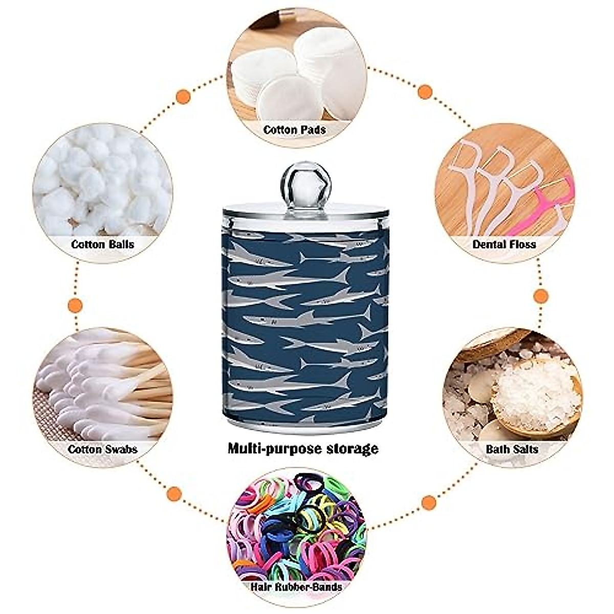 4 Pack Qtip Holder Dispenser Cute Sharks 14 oz Clear Plastic Apothecary Jar with Lids Bathroom Accessories Storage Containers Vanity Organizer for Cotton Swab, Ball, Pads, Floss