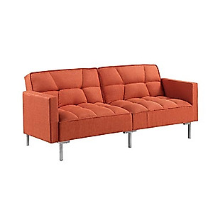 Modern Linen Convertible Futon Sofa Bed, 2-in-1 Sleeper Sofa with 2 Pillows, 3 Adjustable Angles for Backrest, Living Room Couch with 5 Sturdy Metal Legs, Upholstered Loveseat for Home, (Orange)