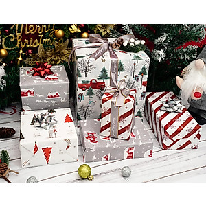 Cuitpan White Christmas Wrapping Paper Bundle for Kids Adults - Reindeer, Stripes, Woodlands, Snowflake, Red Truck Winter Scene Designs - 28 x 40 Inches, 6 Jumbo Sheets, Recycled