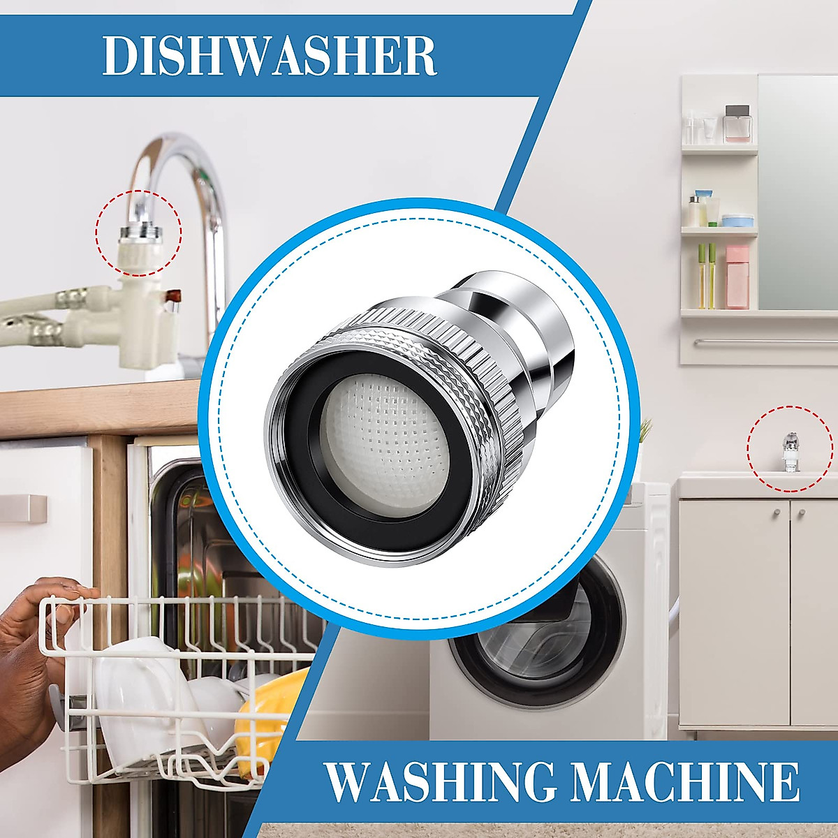 Dreyoo 2 Pcs Dishwasher Faucet Adapter, Dishwasher Snap Adapter Connection 15/16-27Male or 55/64-27Famale Chrome (With Filter)