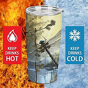 FHENMSA Stainless Steel Insulated Travel Coffee Mug,Dragonflies Print Reusable Car Cup,Thermal Cup for Outdoor with Straw And Lid