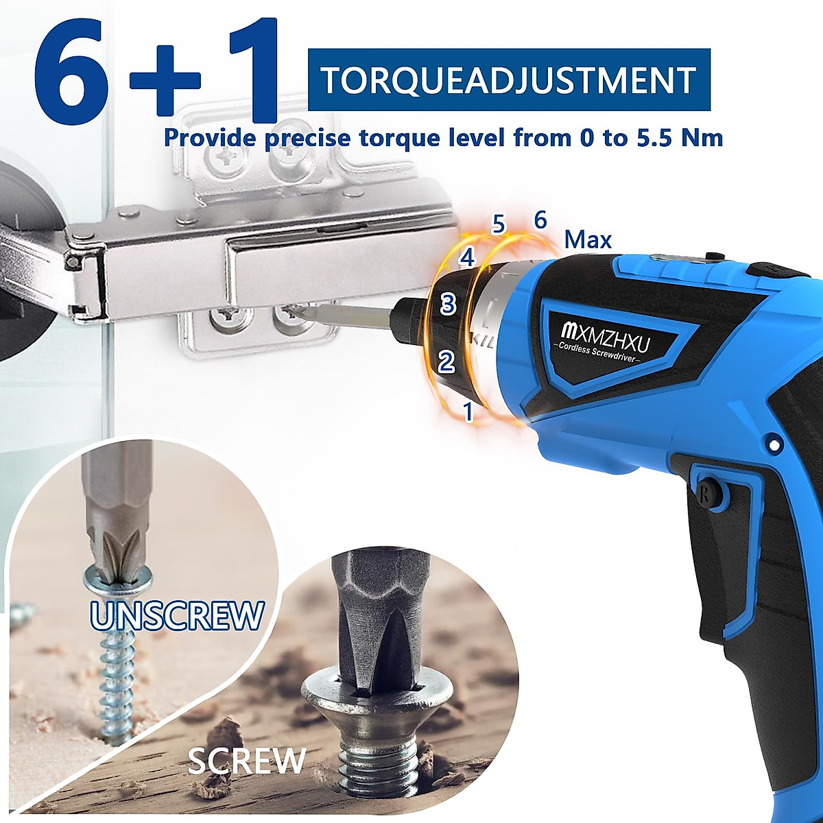 MXMZHXU Cordless Screwdriver, 8V Max 10Nm Electric Power Screwdriver with 47 Accessories, 6+1 Torque, Pivoting Handle, 2000mah Rechargeable Screw Gun & Bit Set with LED Light, Flexible Shaft