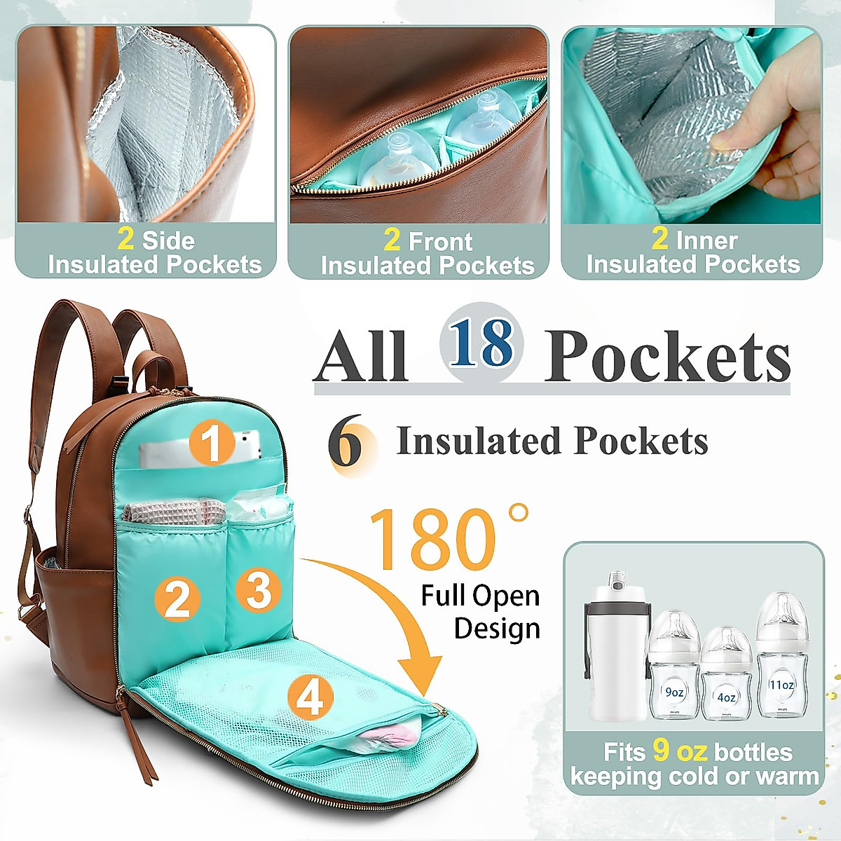 MOMINSIDE Diaper Bag Backpack with 6 Insulated Pockets, Leather Diaper Bag, Large Baby Bag for Mom, Baby Registry, 18 Pockets, Changing Pad, Stroller Straps (Brown)