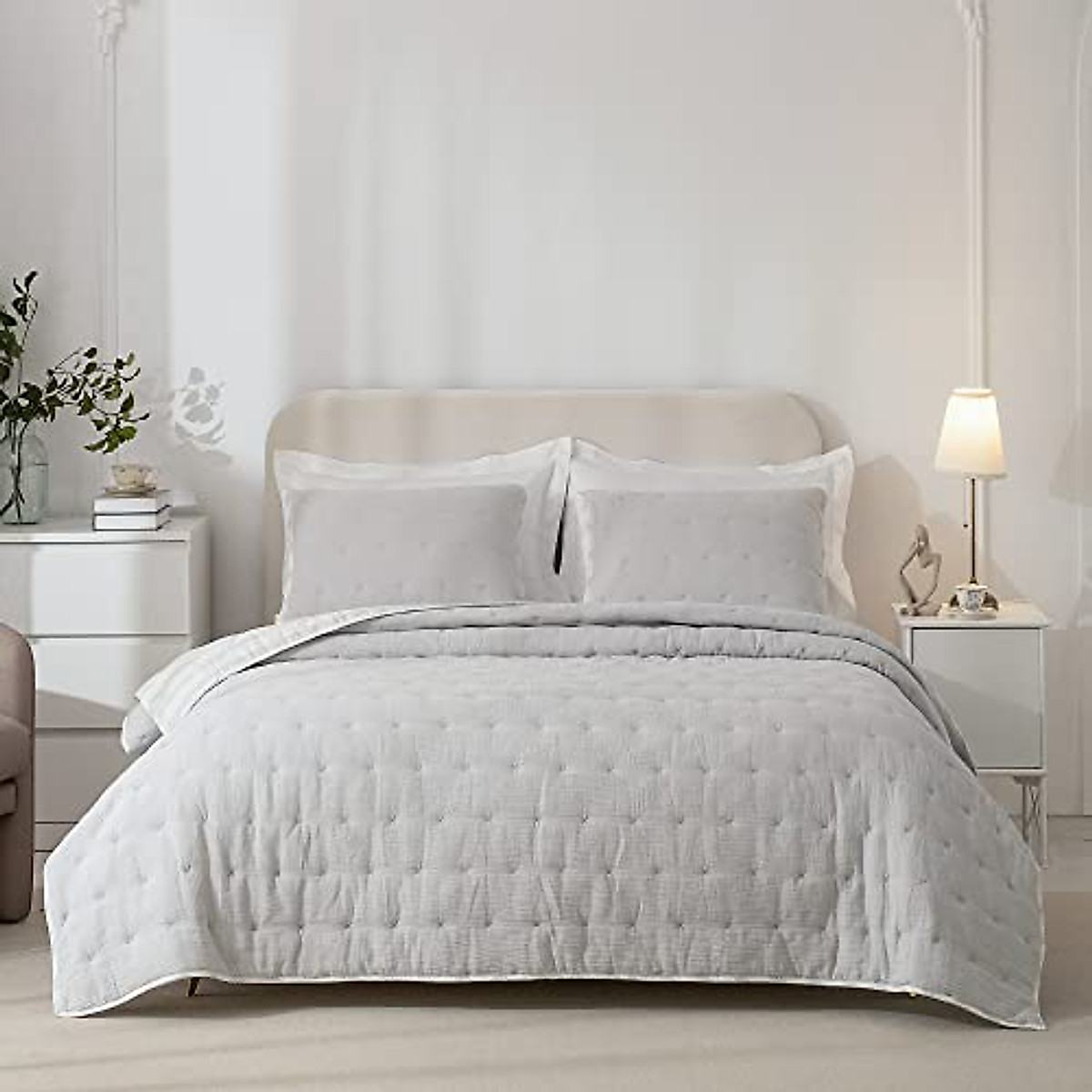SHALALA Cotton Gauze Quilt Sets,Gray Lightweight Quilt Bedding Sets,Reversible Seersucker Quilts for Queen Bed,3pcs Ultro-Soft Bedspread,Breathable Coverlet for All Season(Full/Queen,Grey)