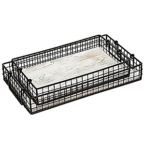 MyGift Black Metal Wire and Whitewashed Wood Decorative Tray with Handles, Nesting Storage Organizer Basket Trays, Set of 2