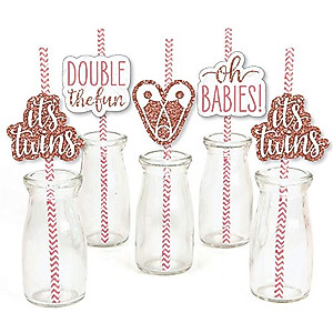 It’s Twin Girls - Paper Straw Decor - Pink and Rose Gold Twins Baby Shower Striped Decorative Straws - Set of 24