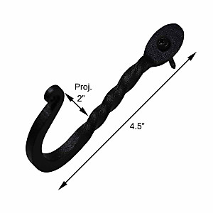 Renovators Supply Bathroom Hooks 4.5 in. Black Wrought Iron Twisted Wall Mount Hooks for Hanging Robe, Towel, Hat, or Jewellery with Mounting Hardware