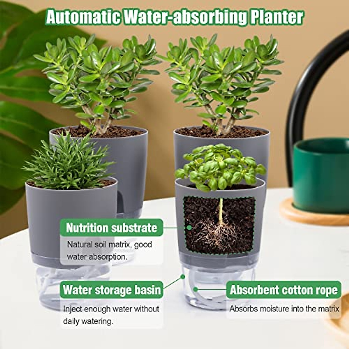 6 pcs Self Watering Plant Pots, 4.1/3.2 in Plastic Planter with Drainage Holes, Flower Pots for Indoor Plants, African Violet, Succulents, Herbs, Grey